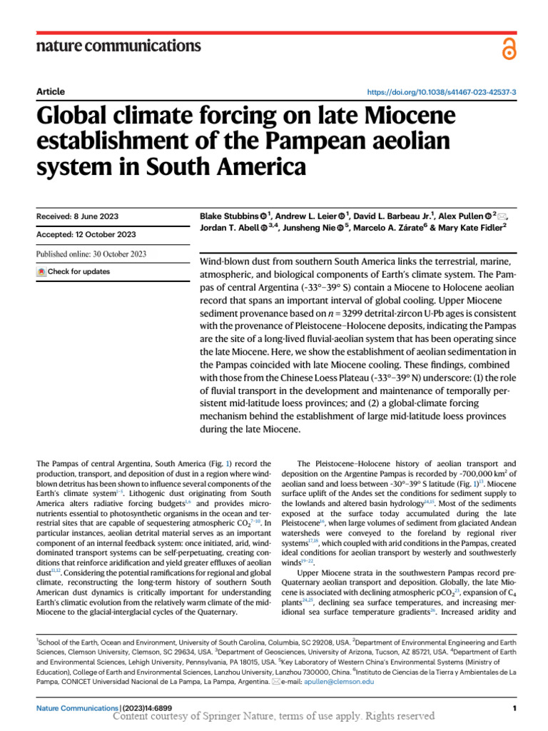 Global Climate Forcing On Late Miocene Establishme | PDF | Andes | Sediment