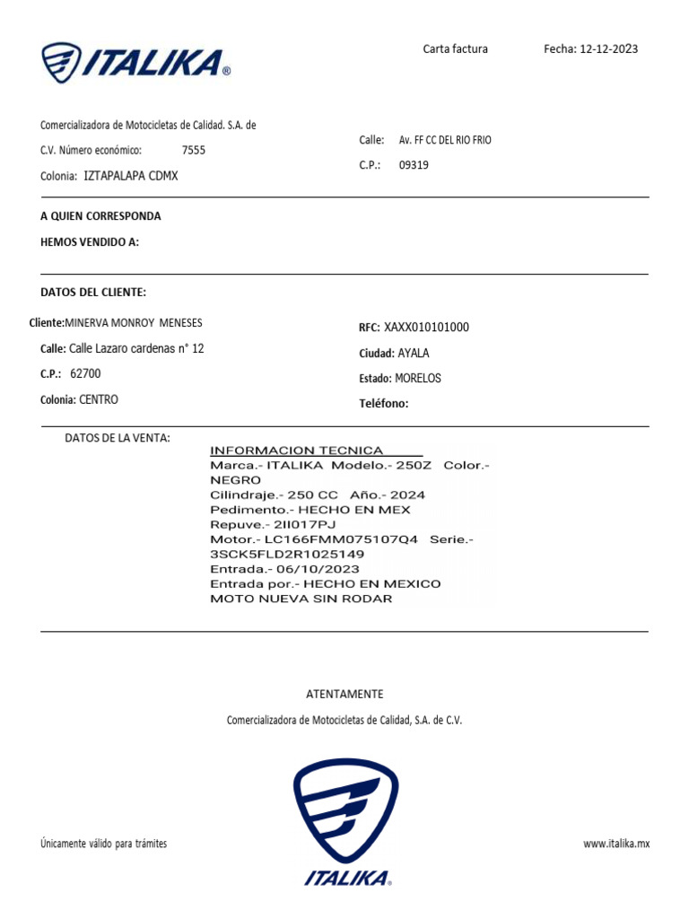 Carta Factura z250 | PDF