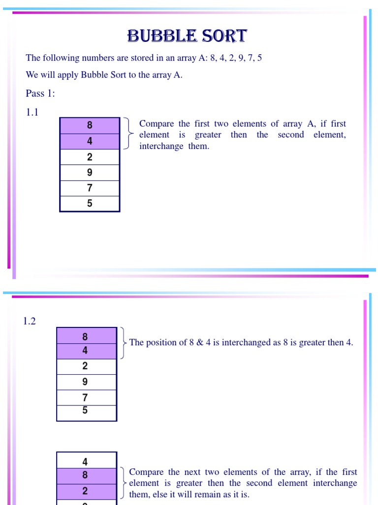 Bubble Sort: Pass 1: 1.1 | PDF | Array Data Structure | Algorithms And ...