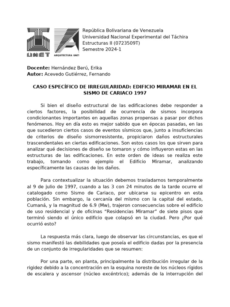 Ensayo Caso Específico de Irregularidad Estructural: EDIFICIO MIRAMAR EN EL SISMO DE CARIACO ...