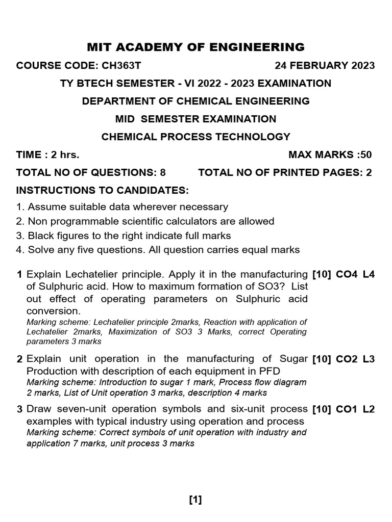 TY-Btech CH Chemical Process Technology SEM - VI FEB 2023 | PDF | Chemical Reactions | Distillation