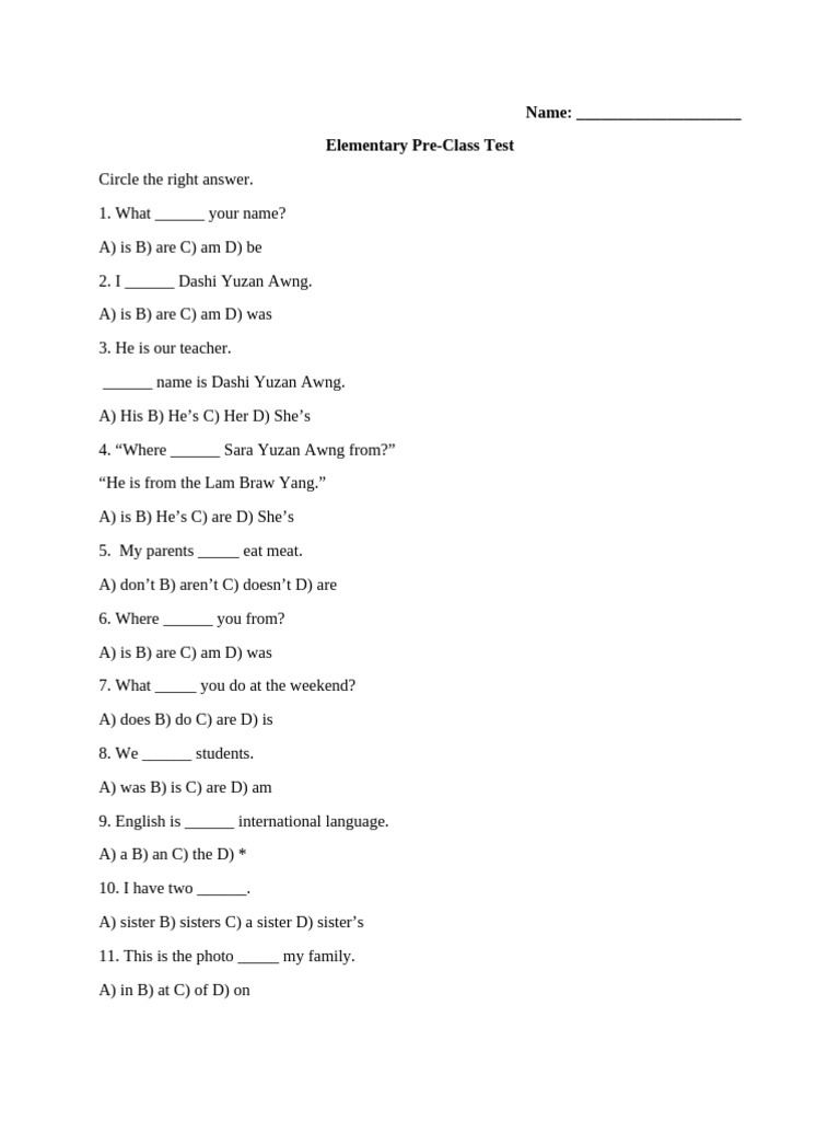 Elementary Pre Class Test | PDF