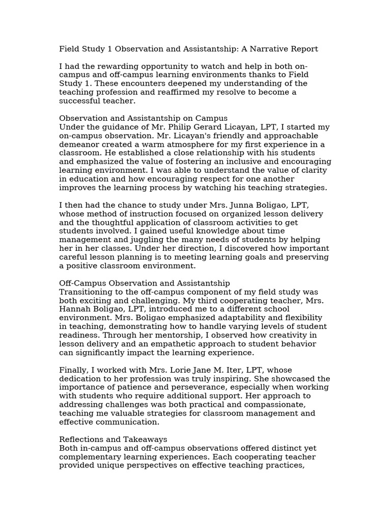 Field Study 1 Observation and Assistantship Tube B | PDF | Classroom ...