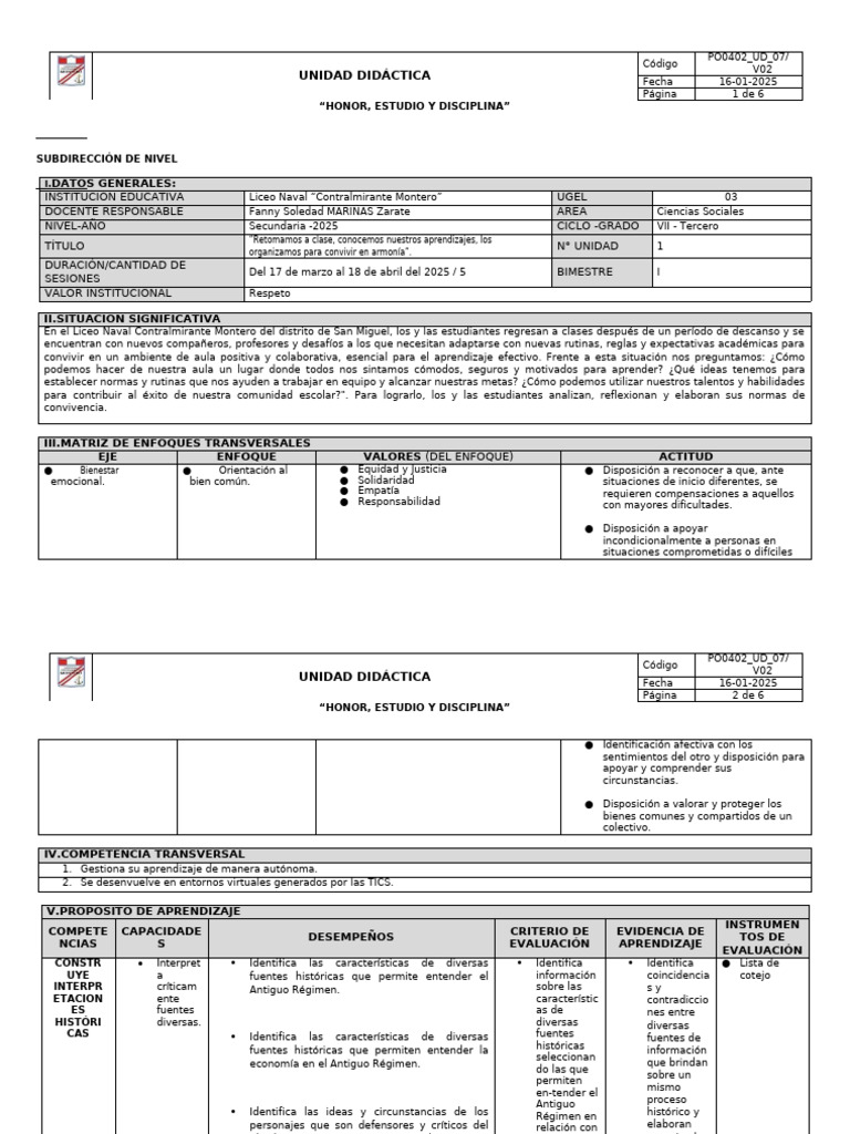 UNIDAD DIDÁCTICA 1-I-Bimestre - CCSS-3° (Fanny) | PDF | Aprendizaje | Salón de clases
