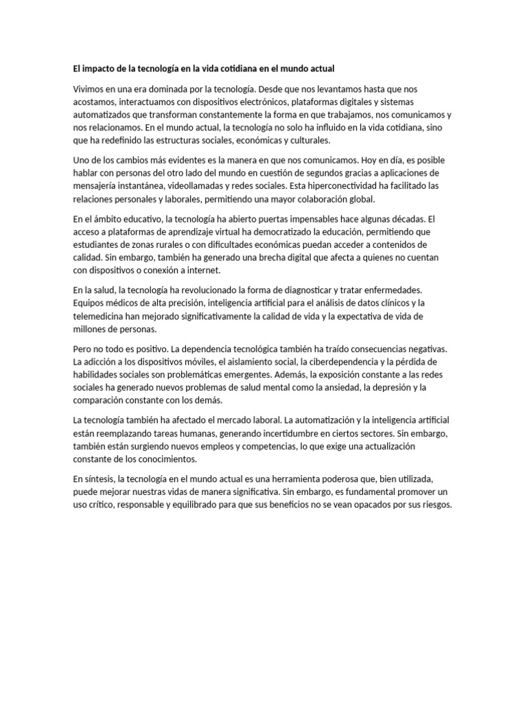El Impacto de La Tecnología en La Vida Cotidiana en El Mundo Actual ...