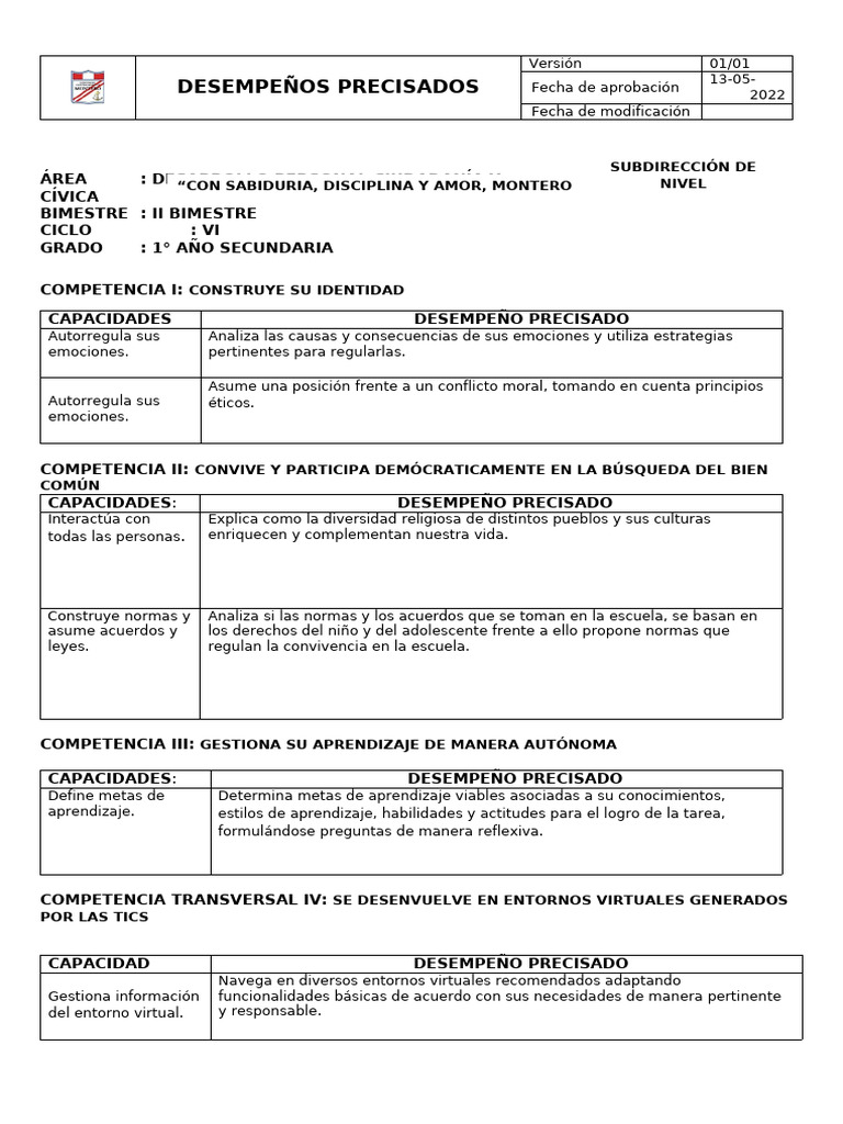 1° Año DPCC - Desempeños Ii Bim | PDF | Aprendizaje | Las emociones