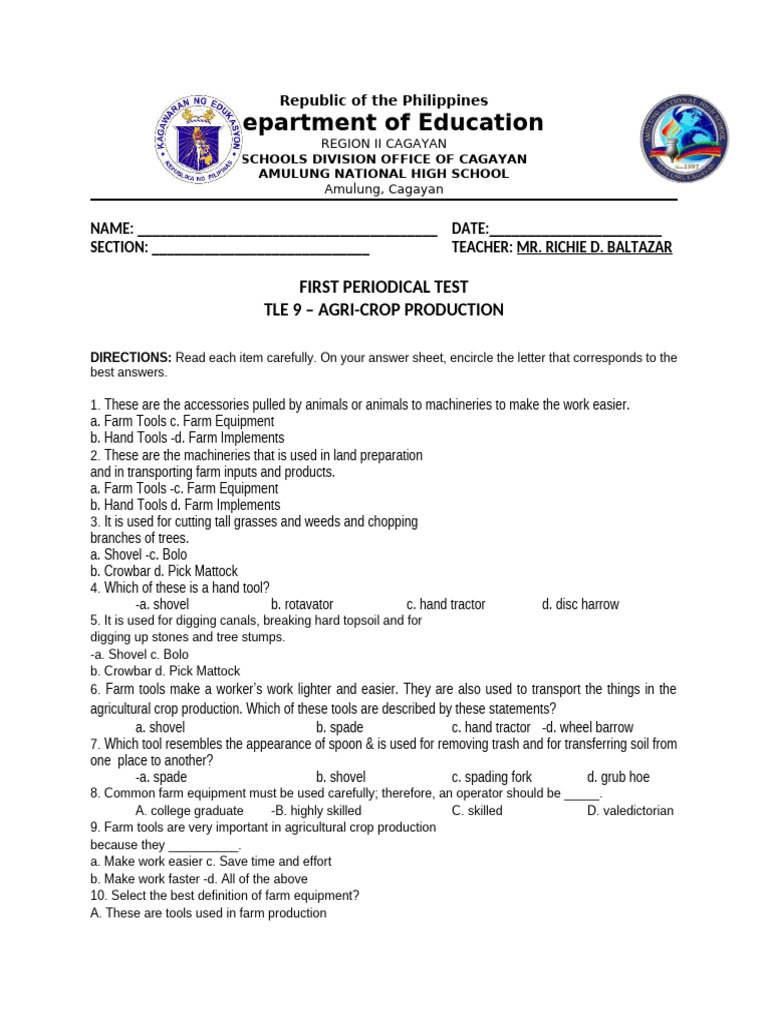 Exam Draft TLE 9 | PDF | Hazards | Agricultural Machinery