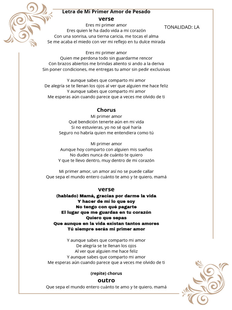 Letra de "Mi Primer Amor" de Pesado | PDF