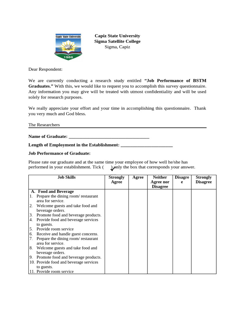 Questionnaire - Job Performance | PDF | Restaurants | Housekeeping