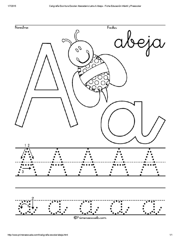 Caligrafía Escritura Escolar Abecedario Letra A Abeja - Ficha Educación ...