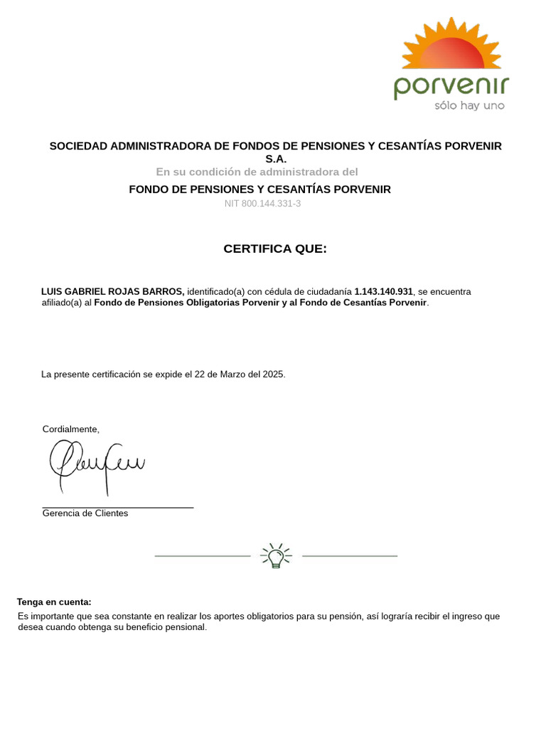 Certificado de Afiliación Porvenir | PDF