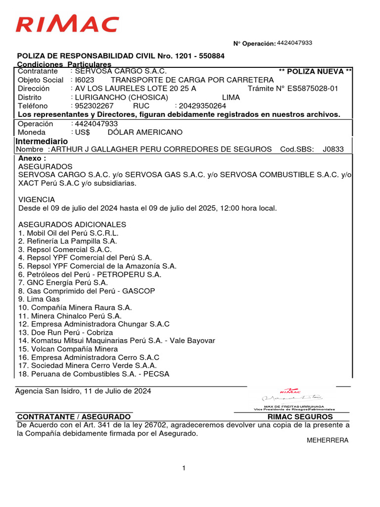 Póliza de Responsabilidad Civil 2024-2025 | PDF | Póliza de seguros | Seguro