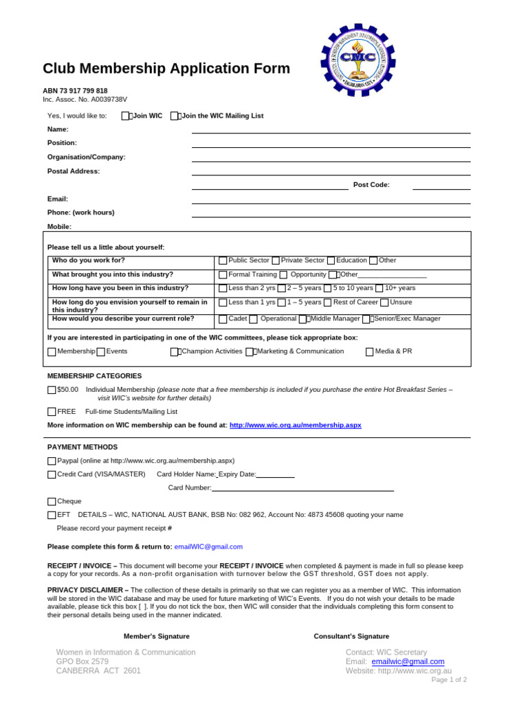 WIC Membership Application Form | PDF | Payments | Receipt