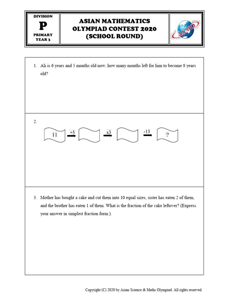 ASMO 2020 Maths School Level Year 3 - English | PDF | Area | Mathematics