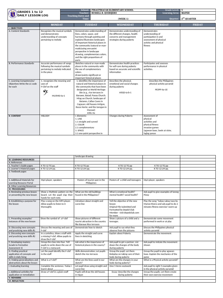 DLL_MAPEH 5_Q2_W1 | PDF | Learning | Cognition