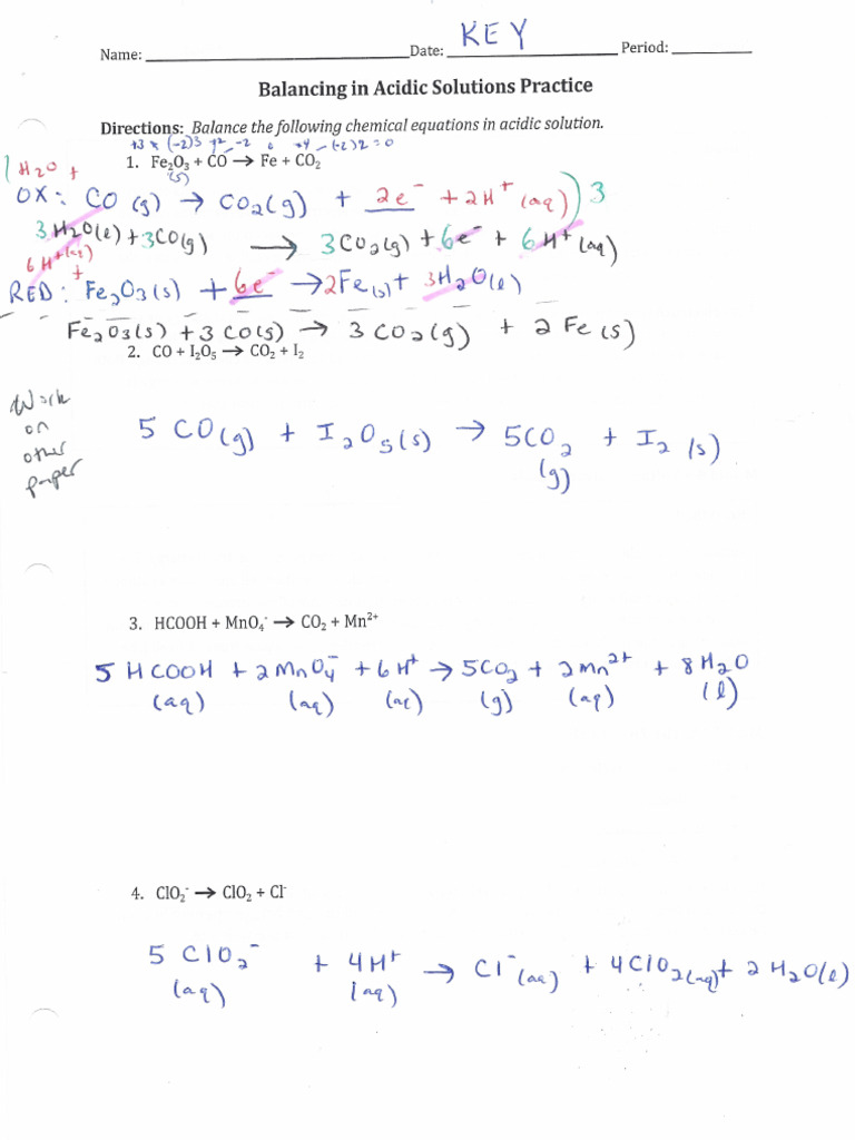 Balancing in Acidic Solutions Practice KEY | PDF