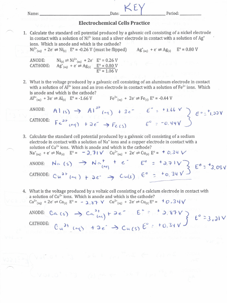 Electrochemical Cells Practice KEY | PDF