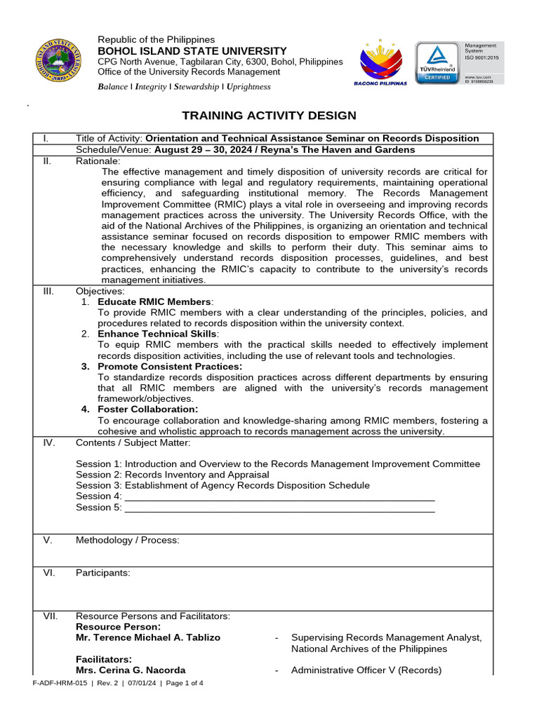Training Activity Design | PDF | Records Management