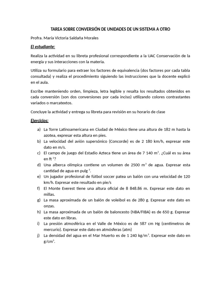 Tarea Sobre Conversión de Unidades de Un Sistema A Otro | PDF