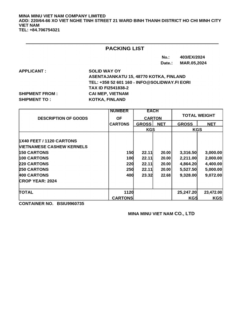 Vietnamese Cashew Shipment Details | PDF