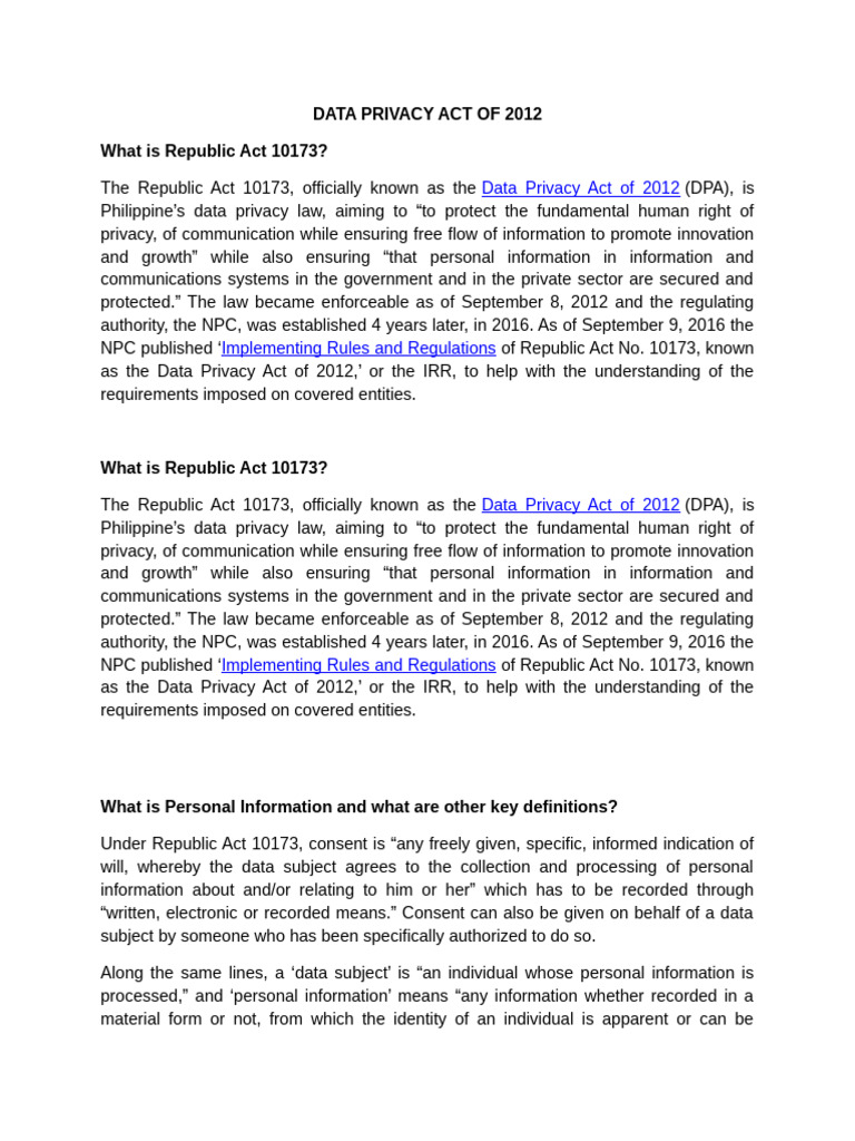 Overview of the Data Privacy Act 2012 | PDF | Information | Privacy