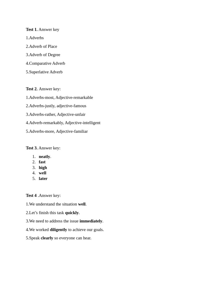 Adverb Test Answer Key Guide | PDF