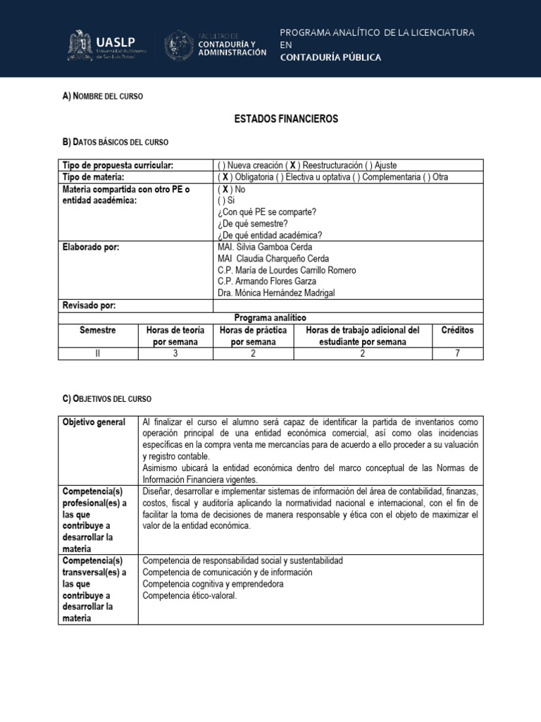 Programa de Estados Financieros en Contaduría | PDF | Contabilidad ...