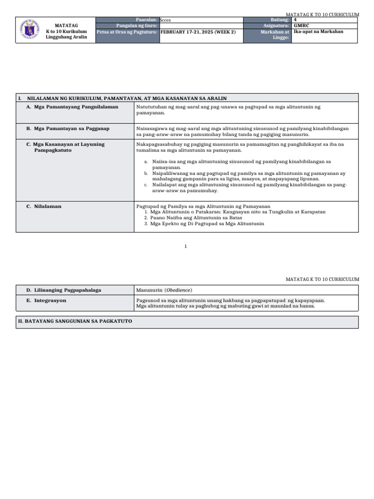 DLL MATATAG _GMRC 4 Q4 W2 | PDF