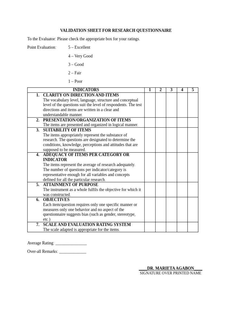 Validation Sheet For Research Questionnair (E.navarro) | PDF