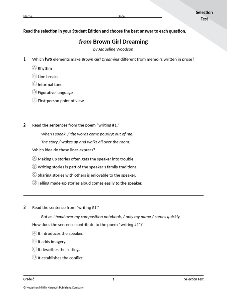 Brown Girl Dreaming Selection Test | PDF