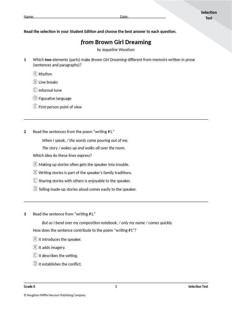 Grade 6 Selection Test: Brown Girl Dreaming | PDF | Semiotics | Writing