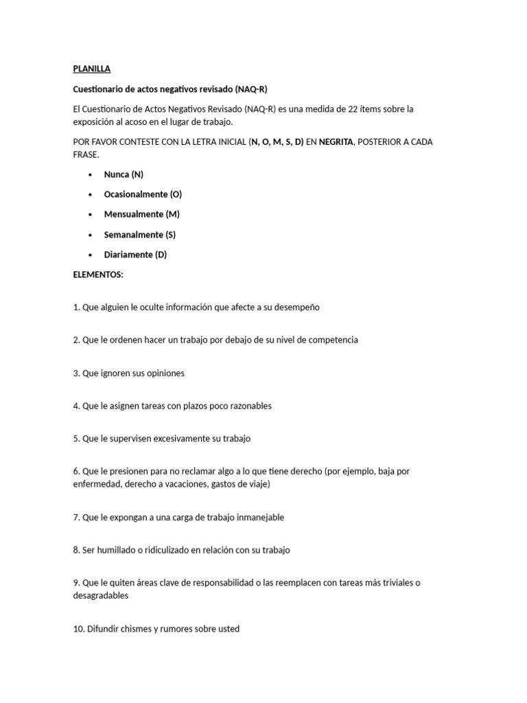 PLANILLA Cuestionario de Actos Negativos Revisado NAQ-R | PDF