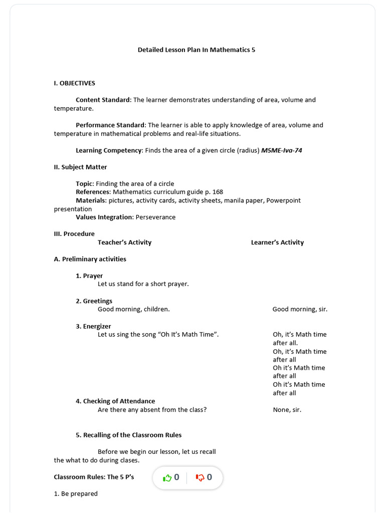 Area of a Circle Lesson Plan for Grade 5 | PDF | Area | Mathematics