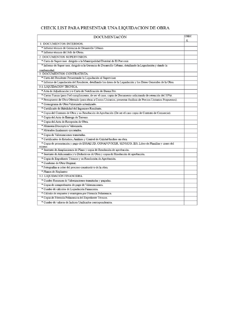 Check List Liquidacion de Obra | PDF