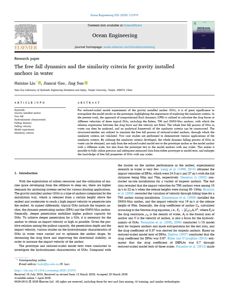 The-free-fall-dynamics-and-the-similarity-criteria-for-grav_2025_Ocean-Engin | PDF | Drag ...