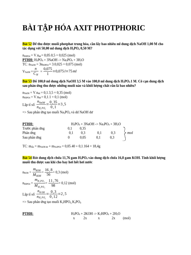 BÀI TẬP HÓA AXIT PHOTPHORIC | PDF