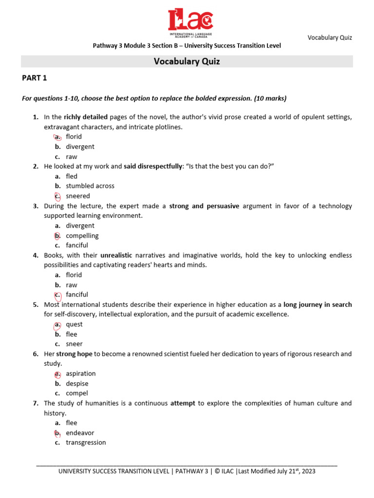 Pathway 3 Module 3 Section B - Vocabulary Quiz | PDF | Humanities | Cognition