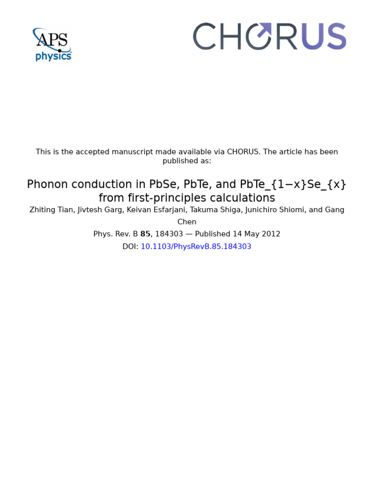 Phonon Conduction in PbSe PbTe and PbTe Sub1xsubSe Subxsub From ...