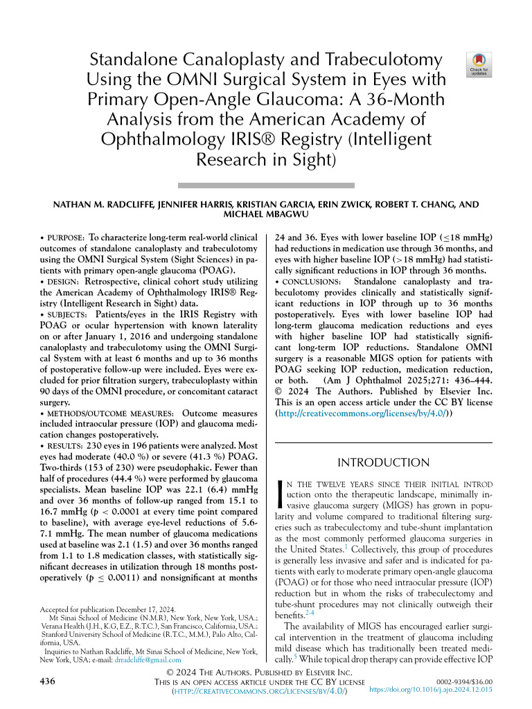 Standalone Canaloplasty and Trabeculotomy Using The OMNI Surgi - 2025 ...