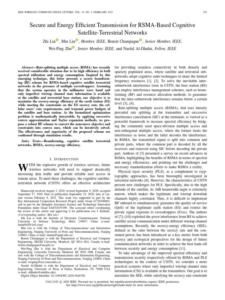 Secure and Energy Efficient Transmission For RSMA-Based Cognitive Satellite-Terrestrial Networks ...