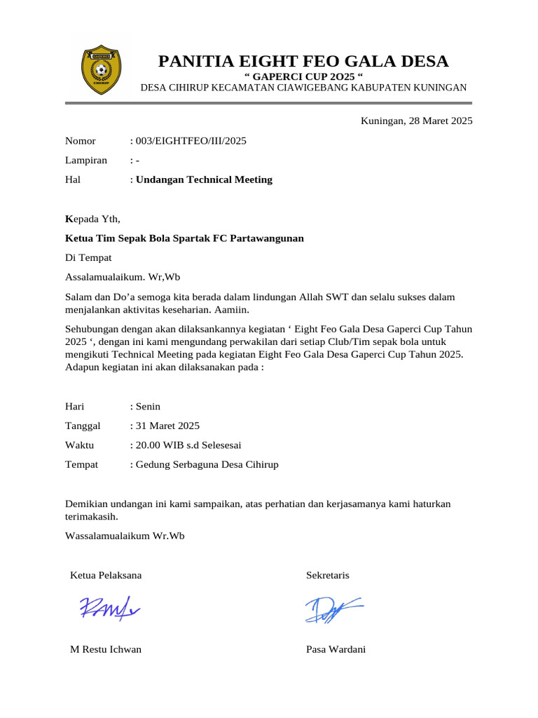 SURAT UNDANGAN TM PARTAWANGUNAN FC | PDF