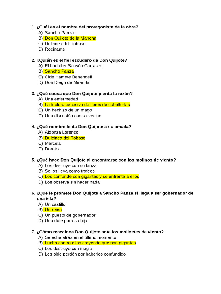 35 Preguntas Quijote | PDF | Don Quijote