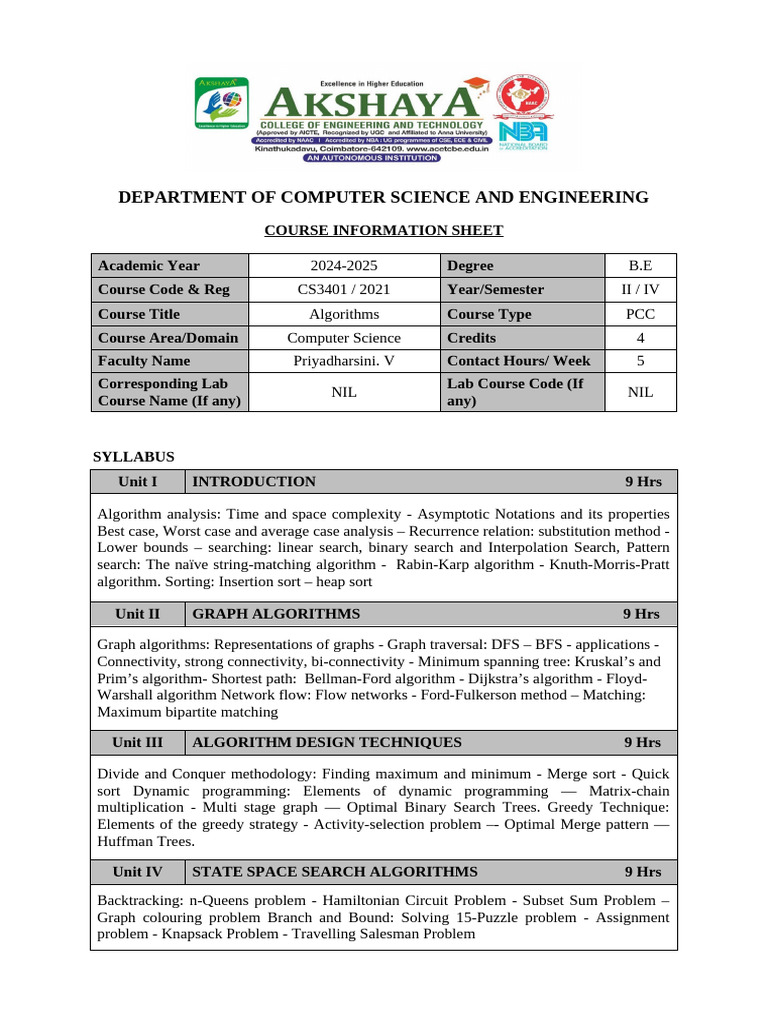 Course Information Sheet (Theory) Algo | PDF | Mathematical Optimization | Algorithms