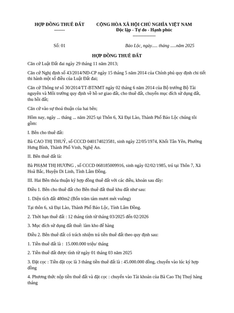 Hop Dong Cho Thue Dat 1406084113 | PDF