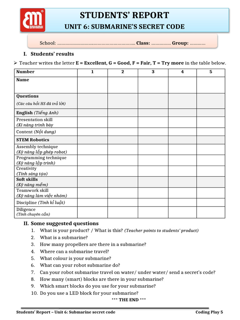 Phiếu đánh giá Coding 5 - Unit 6 Submarine secret code | PDF