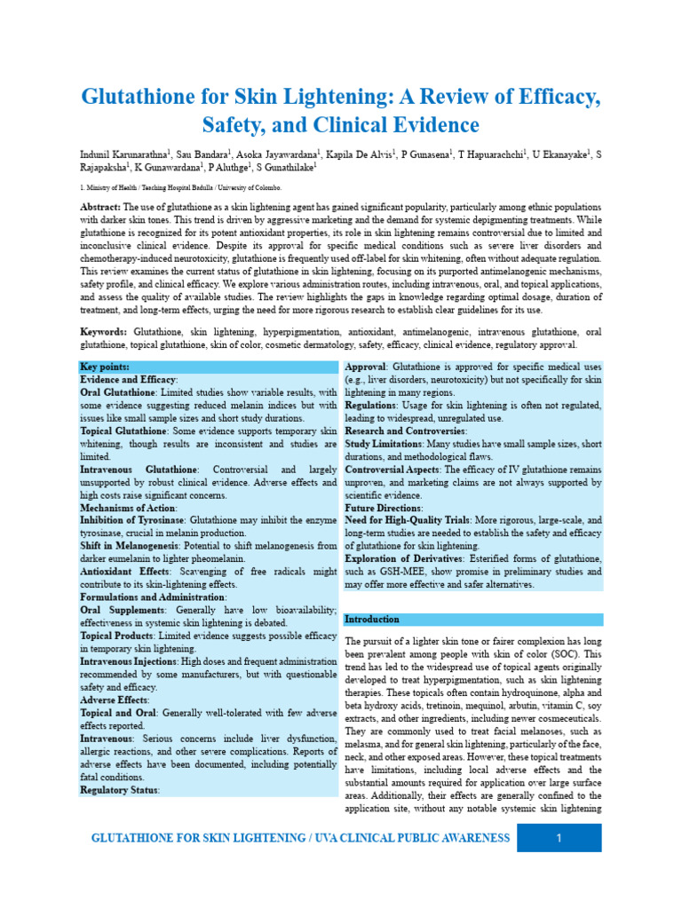 Glutathionefor Skin Lightening AReviewof Efficacy Safetyand Clinical Evidence | PDF ...