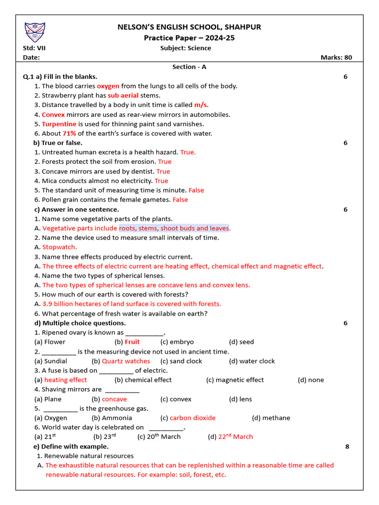 Science 7 TH Practice Paper Ans Key 24-25 | PDF | Mirror | Soil