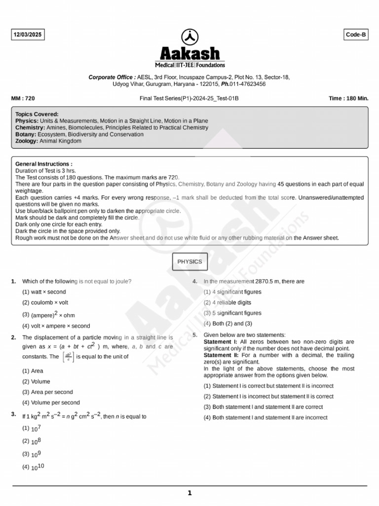 FTS 01 (P1) B Question Paper | PDF