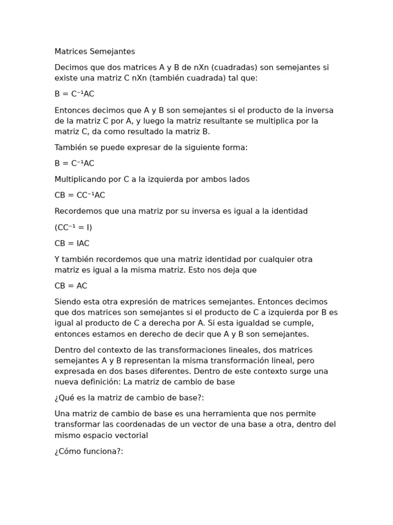Matrices Semejantes y Cambio de Base | PDF | Matriz (Matemáticas ...