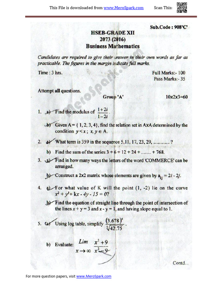 Business Mathematics Grade XII Question Paper 2073 - Merospark - Com | PDF